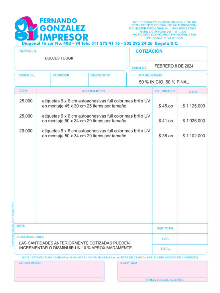 Cotización Tuggi | PDF