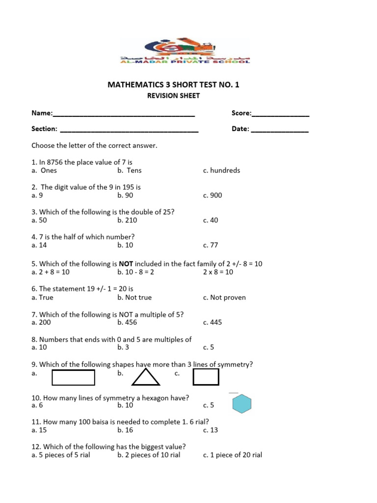 Grade 3 Maths Revision Test | PDF | Shape | Euclidean Geometry