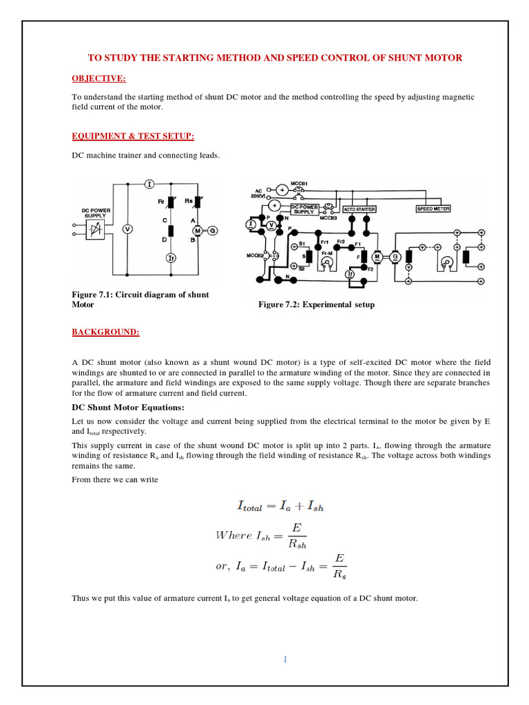 Shunt Motor Starting & Speed Control Guide | PDF | Electric Motor ...