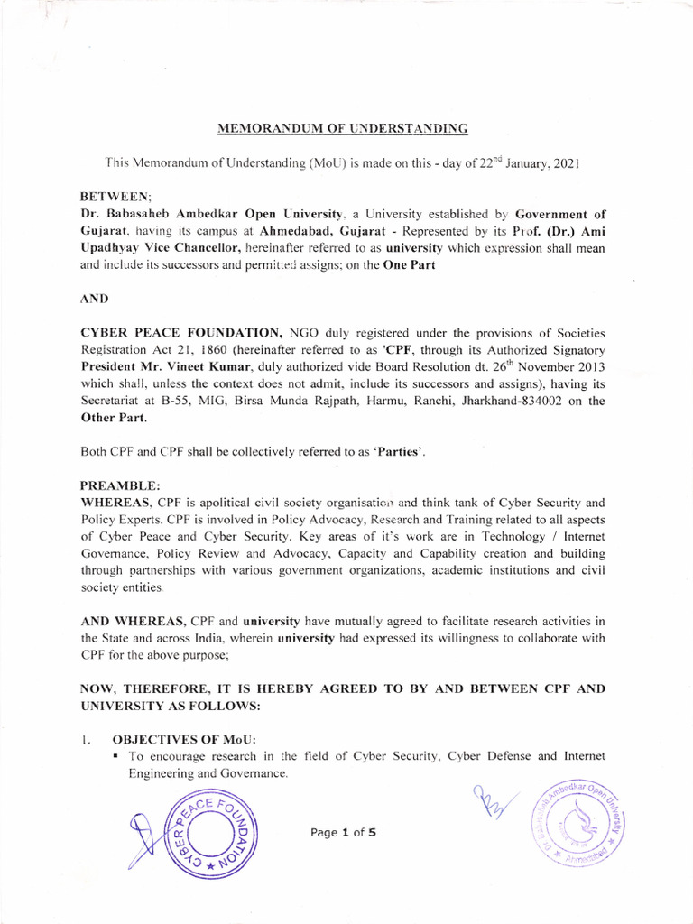 MoU Cyber Peace Research Centre and Centres of Excellence | PDF ...