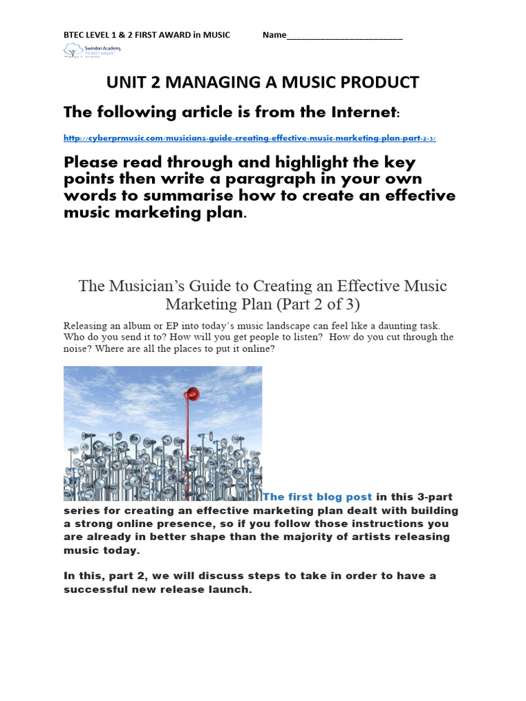 Btec First Award Unit 2 How To Create An Effective Music Marketing Plan ...