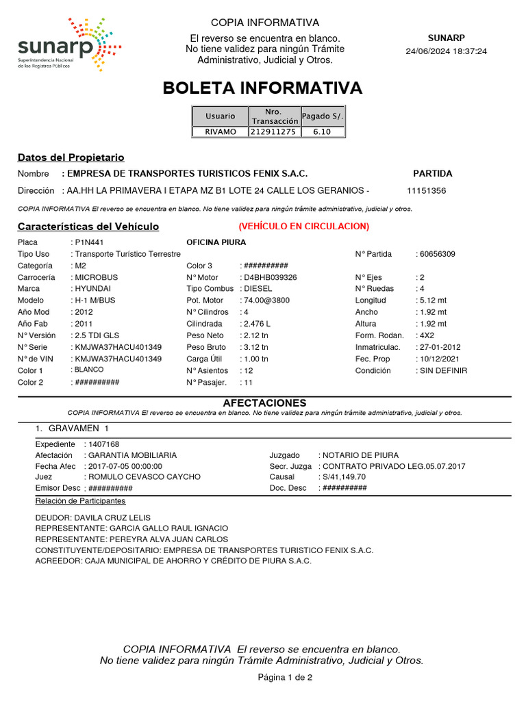 Boleta Informativa Vehículo Fénix S.A.C. | PDF | Vehículo de motor ...