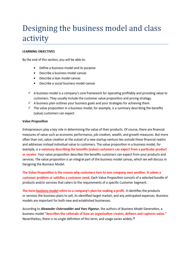 Designing The Business Model and Value Propotion and Class Activity ...