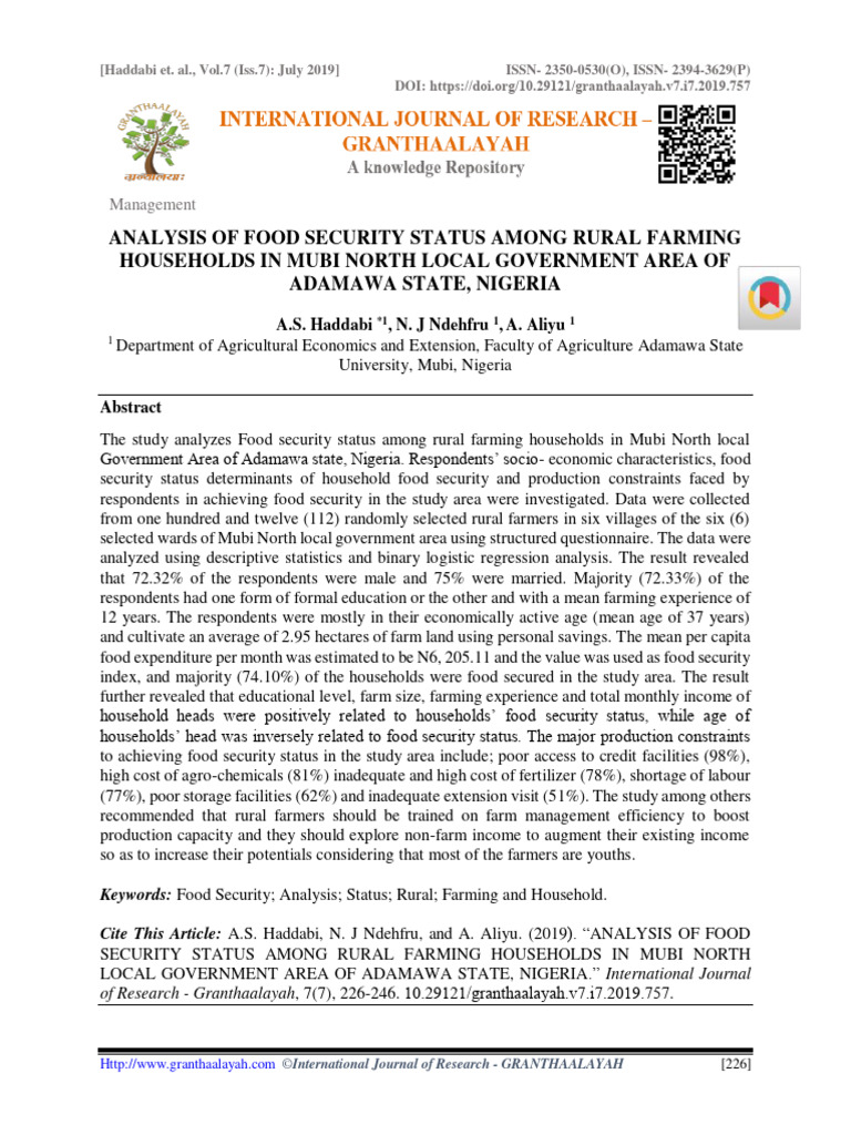Analysis of Food Security Status Among Rural Farming Households in Mubi ...