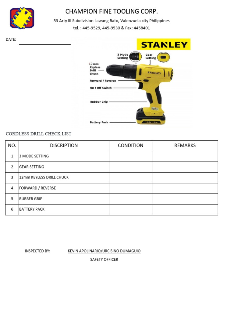 Cordless Stanley Drill Check List | PDF | Forklift | Mechanical Engineering