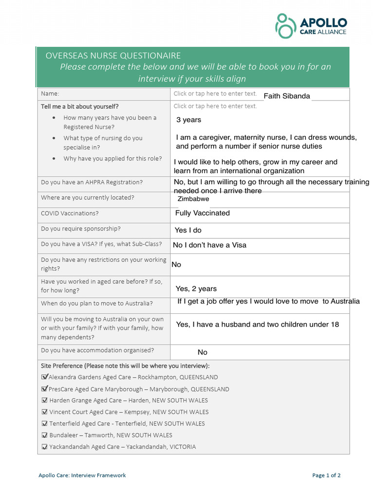 Overseas Nurse Interview Questionnaire | PDF | Health Care