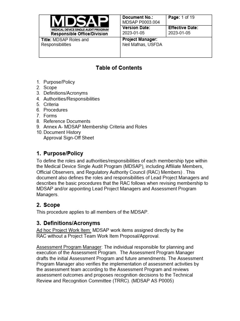 MDSAP Roles & Responsibilities | PDF | Medical Device | Quality Management System