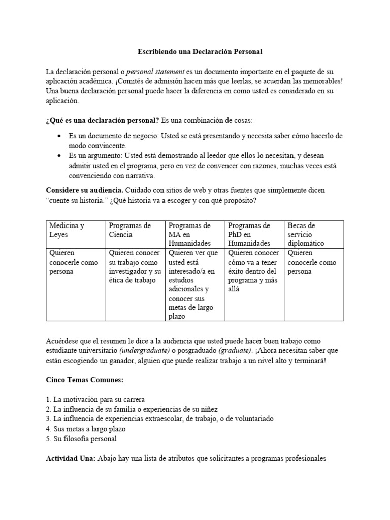 Personal Statement Spanish | PDF | Ensayos