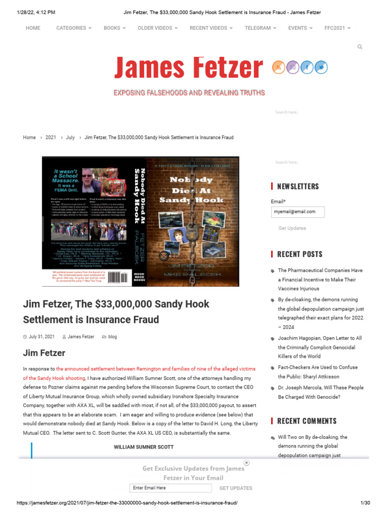 Jim Fetzer, The $33,000,000 Sandy Hook Settlement Is Insurance Fraud - James Fetzer | PDF ...