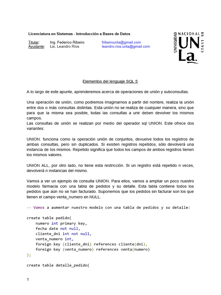 7 - Elementos del lenguaje SQL 5 | Descargar gratis PDF | SQL | Bases de datos