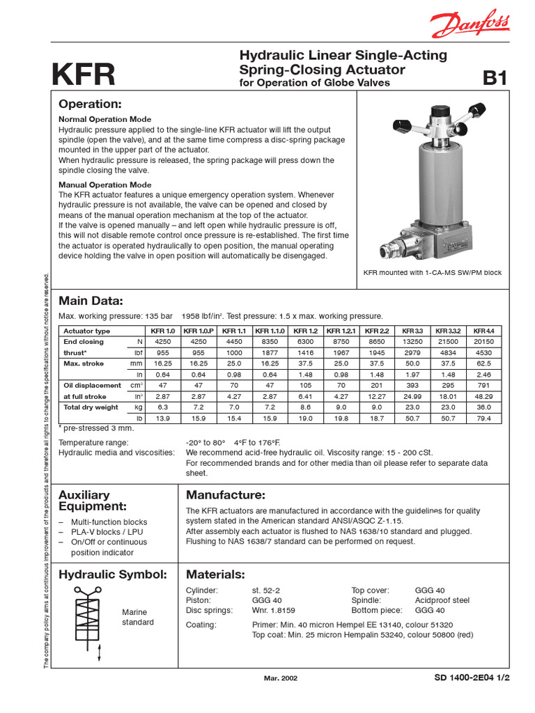 Damcos-Danfoss-KFR-Hydraulic-Linear-Single-Acting-Spring-Closing-Actuator-Data-sheet-sd1400-2E04 ...