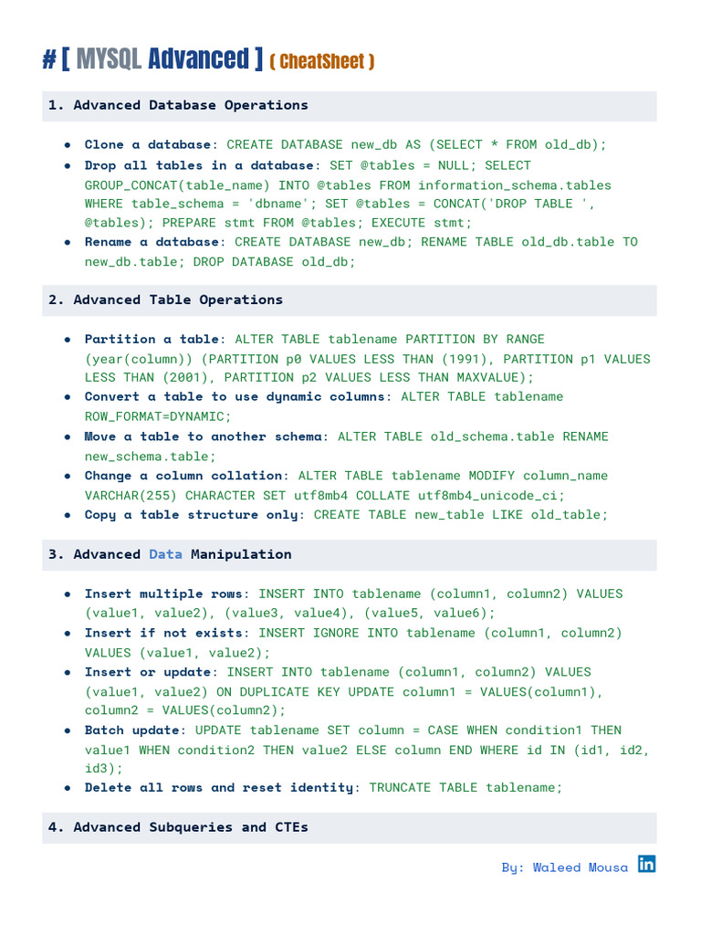 (MYSQL Advanced) (CheatSheet) | PDF | Data Management | Databases