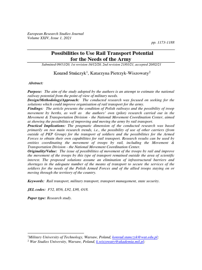 Possibilities To Use Rail Transport Potential For The Needs of The Army ...