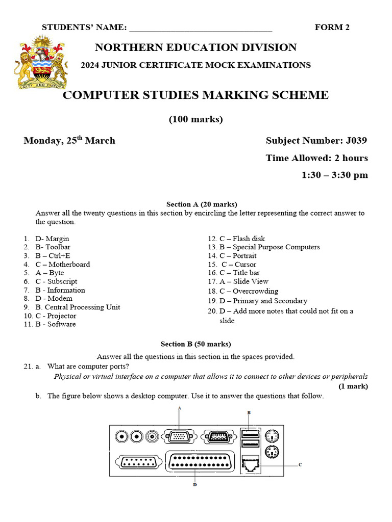 2024 Ned Computer Studies Jce Mock Marking Scheme | PDF | Computer Network | Computer Data Storage