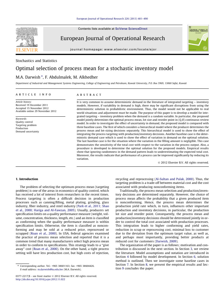 Optimal Selection Of Process Mean For A Stochastic Inventory Model Pdf Inventory