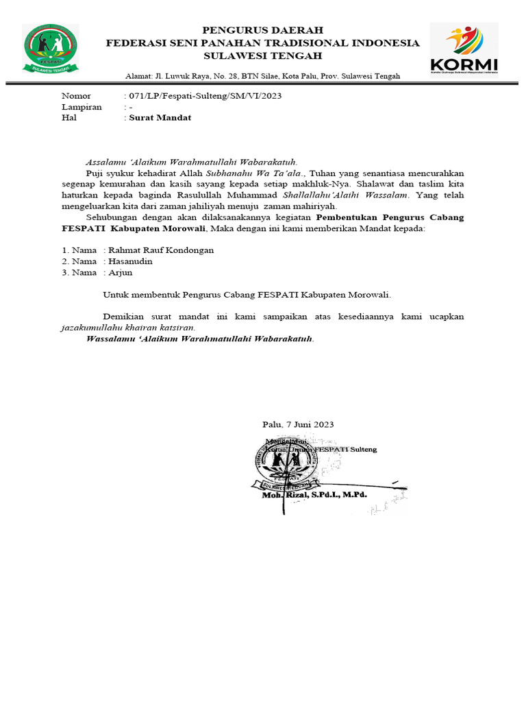 Surat Mandat Pembentukan Pengcab Fespati Kabupaten Morowali | PDF