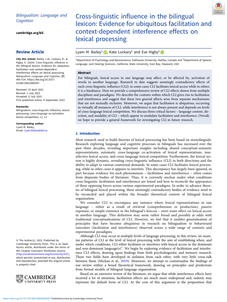Cross Linguistic Influence in The Bilingual Lexicon Evidence For ... Cross Linguistic Influence in The Bilingual Lexicon Evidence For ...