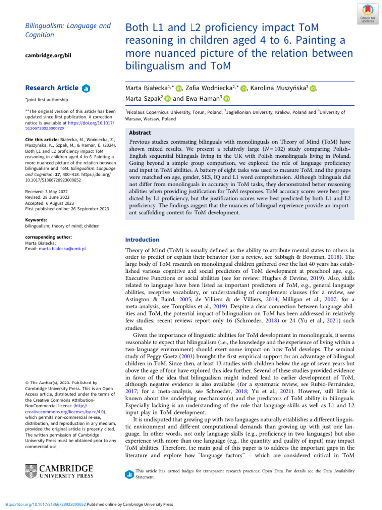 Both l1 and l2 Proficiency Impact Tom Reasoning in Children Aged 4 to 6 ...