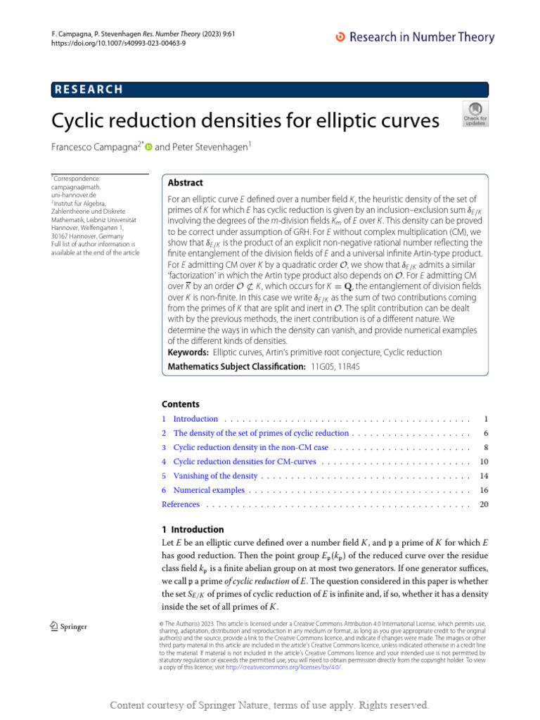 Cyclic Reduction Densities For Elliptic Curves | PDF | Field (Mathematics) | Prime Number