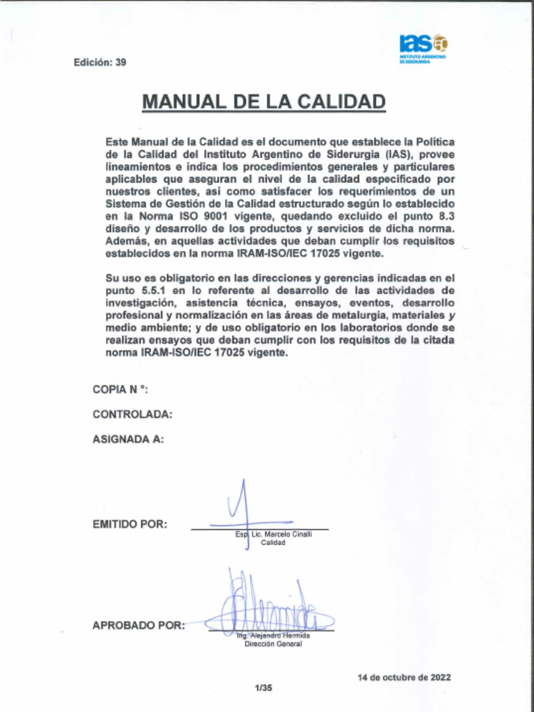 Manual de Calidad-E-39 - V-14-10-22 | PDF | Sistema de manejo de calidad | Calidad (comercial)
