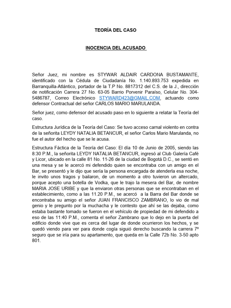 Teoría Del Caso Defensa de Carlos Mario Marulanda | PDF