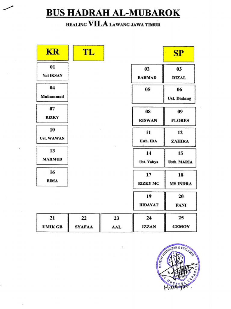 Layout Tempat Duduk Bus Al-Mubarok Sabtu 2024 Ghass... | PDF