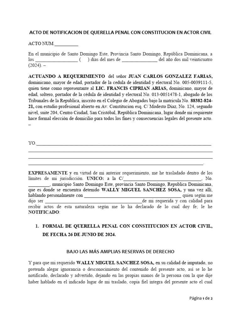 Notificación de Querella Penal en Santo Domingo | PDF | Justicia | Crimen y violencia