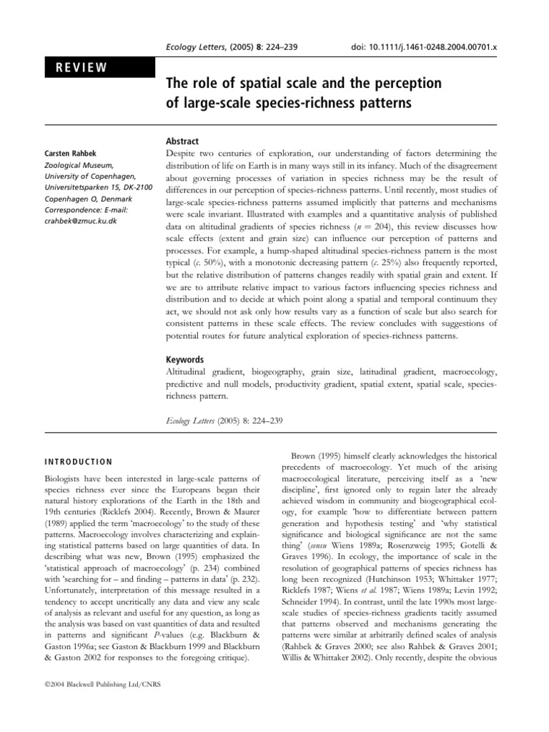 RAHBEK 2004 The Role Spatial Scale Perception LargeScale SpsRichness Patterns | PDF | Ecology ...