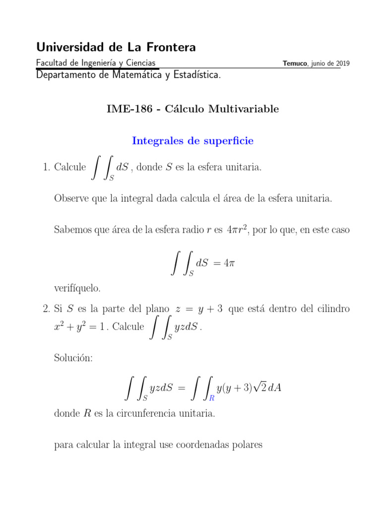 Ejercicios Complementarios Integrales de Superficie | PDF | Esfera | Geometría diferencial