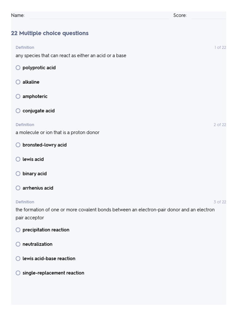 Chemistry Quiz: Acids and Bases | PDF | Acid | Chemical Reactions
