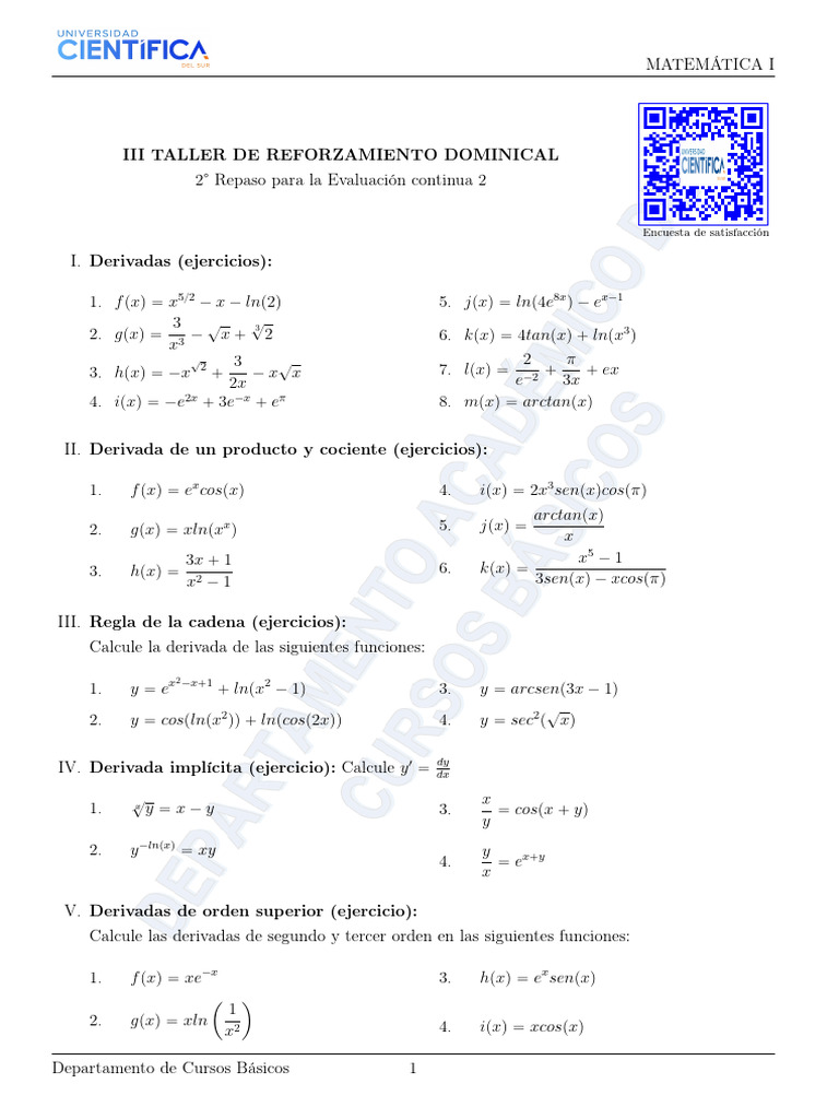 3° - Taller - Dominical Matemática I - Repaso EC 2 | PDF | Derivado | Análisis real