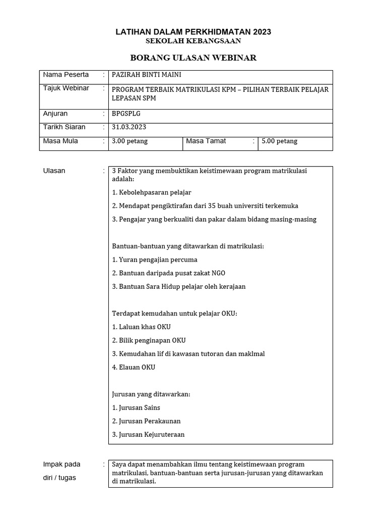 Borang Ulasan Webinar 2023 | PDF