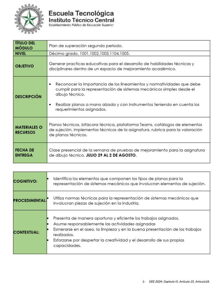 10 Decimo - 2P Plan de Mejoramiento 2024. Dibujo Tecnico | PDF | Evaluación | Dibujo