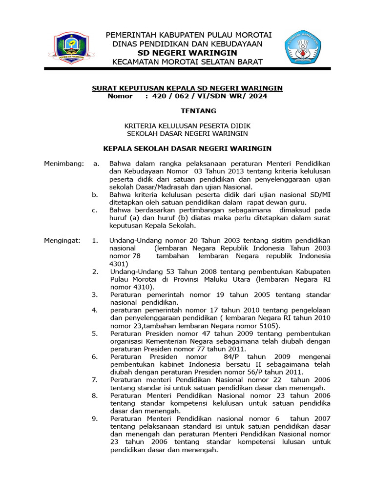 SK Kriteria Kelulusan SDN Waringin | PDF