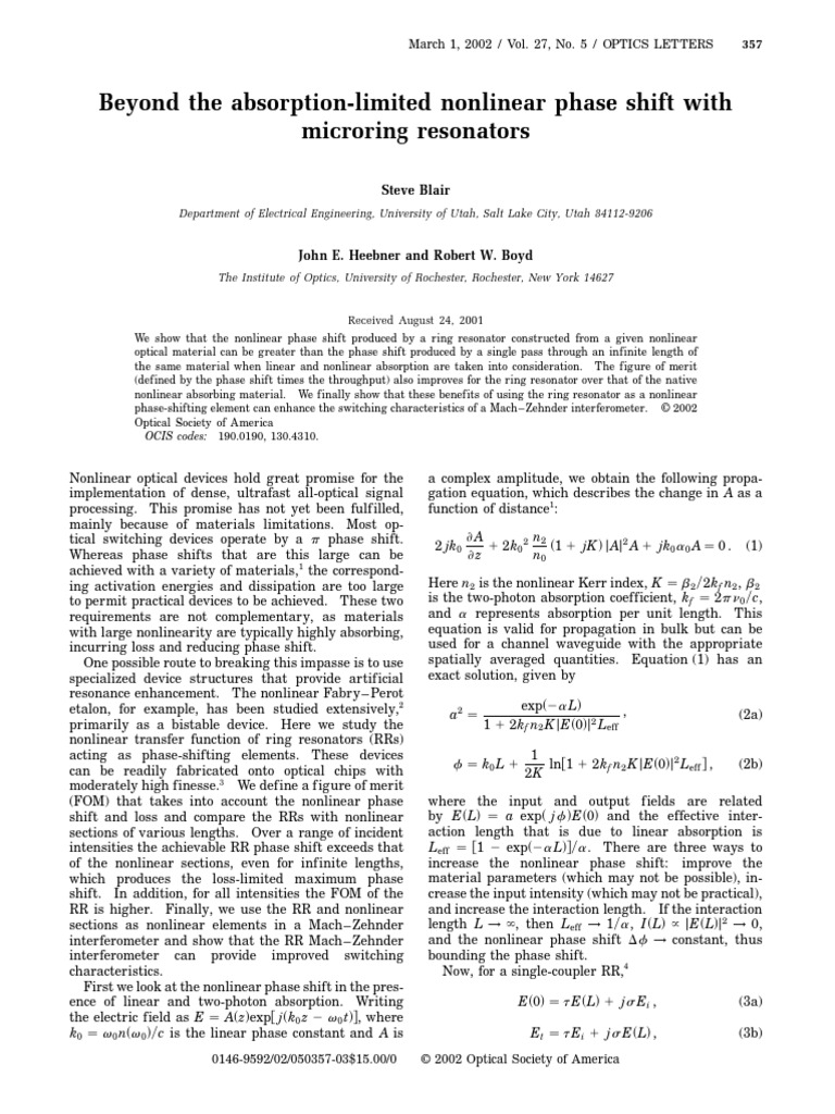 Beyond The Absorption-Limited Nonlinear Phase Shift With Microring Resonators | PDF | Nonlinear ...
