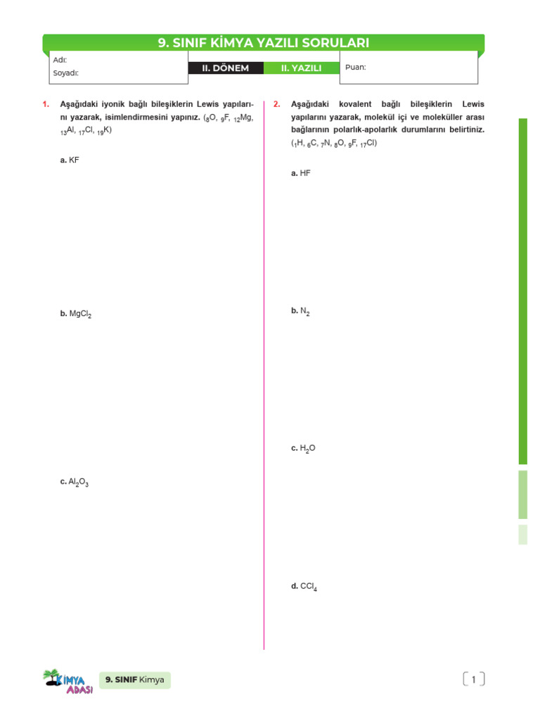 9 Kimya 2.dönem 2.yazılı 2sütun | PDF