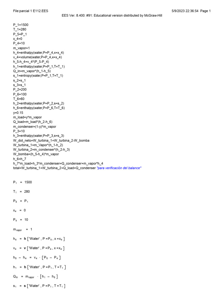 Solucion EES Parcial 1 E112 | PDF