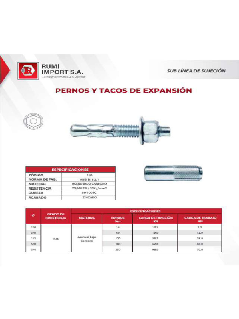 Ficha Tecnica Perno y Taco Expansion | PDF