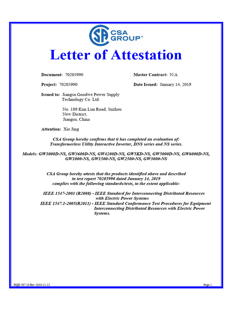 GW - NS - Letter of Attestation IEEE 1547 | PDF | Electrical Equipment ...