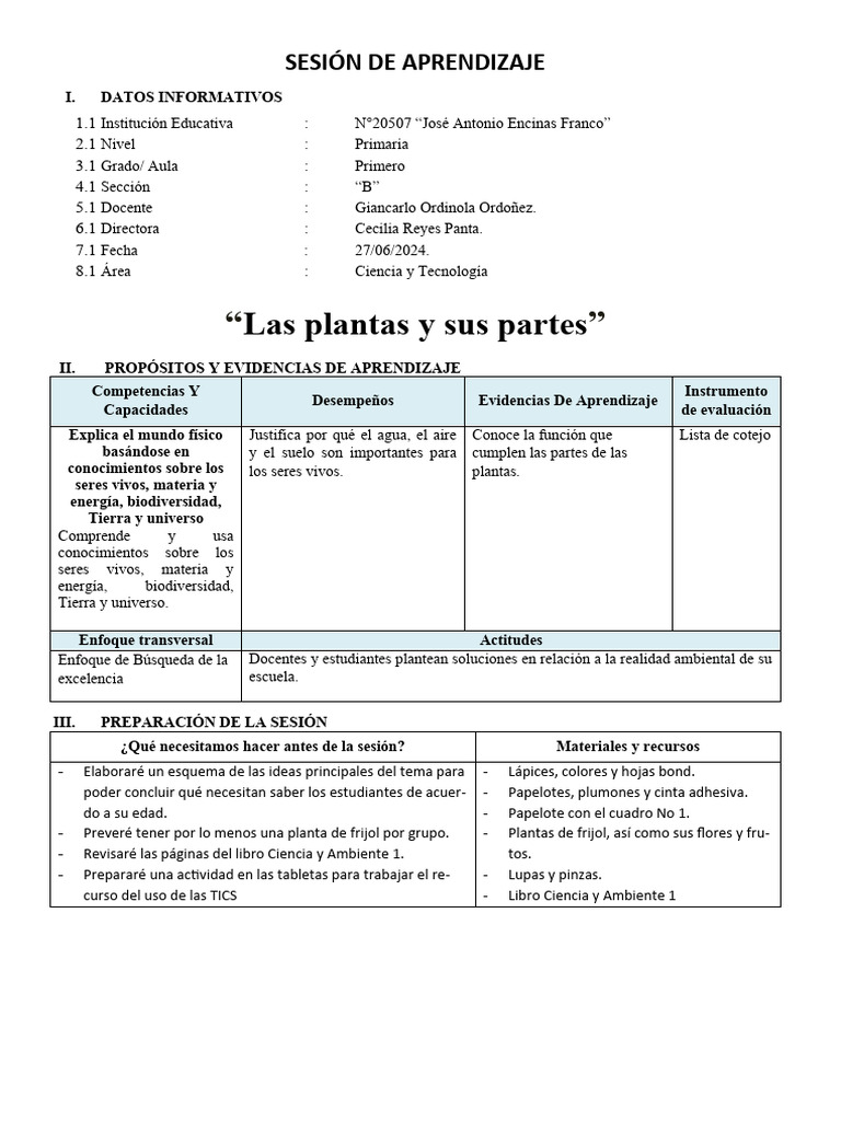 SESION DE APRENDIZAJE Las plantas y sus partes. | PDF | Plantas ...