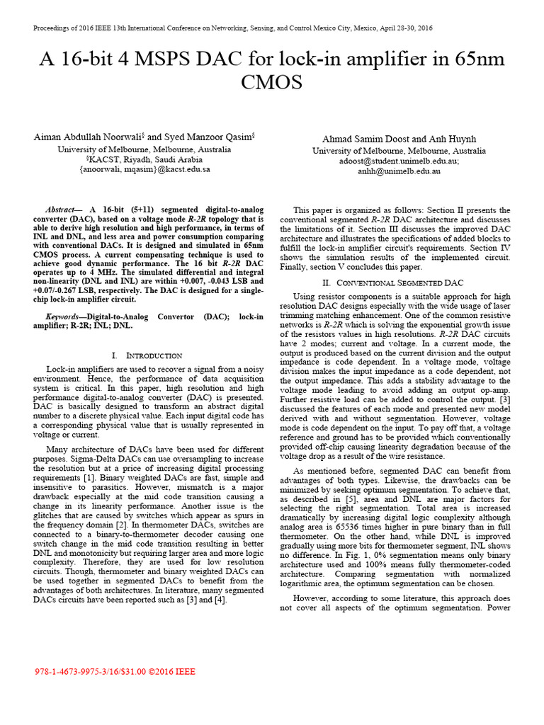 A 16-Bit 4 MSPS DAC For Lock-In Amplifier in 65nm CMOS | PDF | Digital To Analog Converter ...