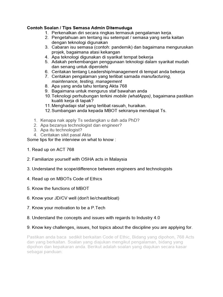 Contoh Soalan Interview MBOT | PDF | Bisnis | Komputer