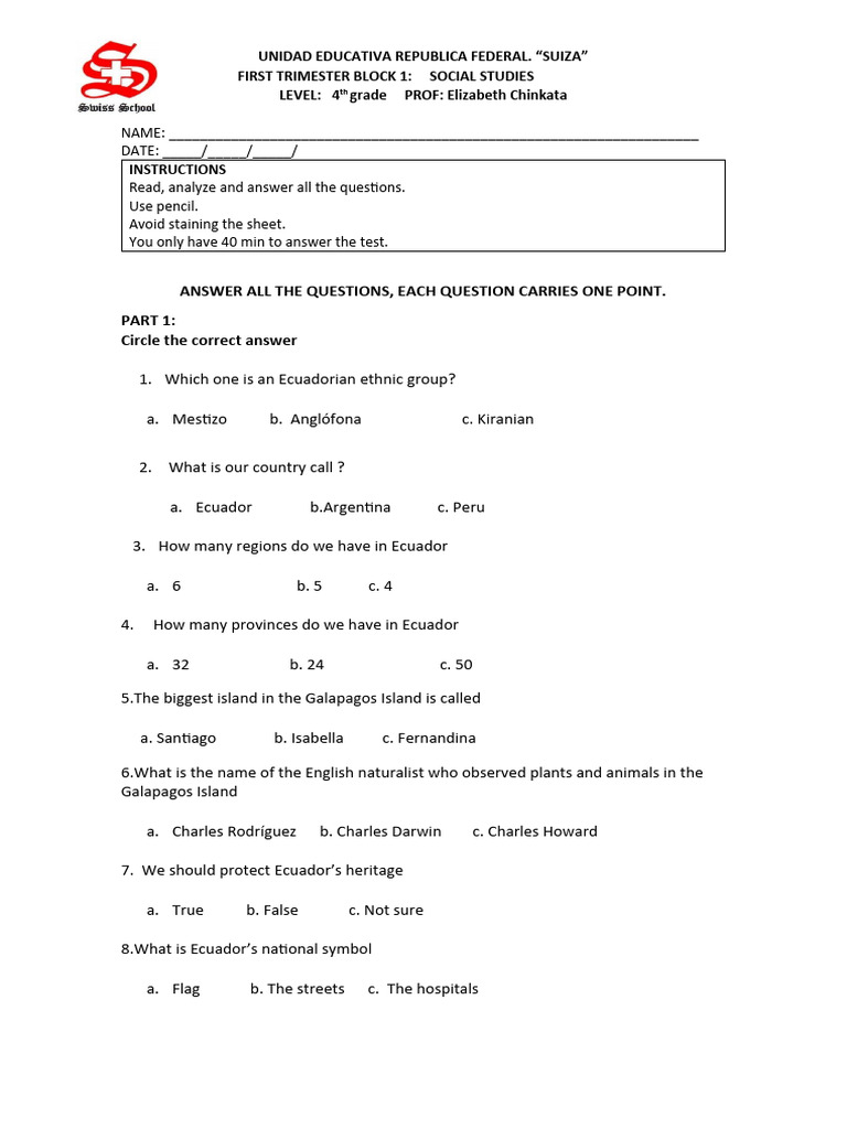 4th Grade Social Studies Quiz | PDF | Travel | Foreign Language Studies