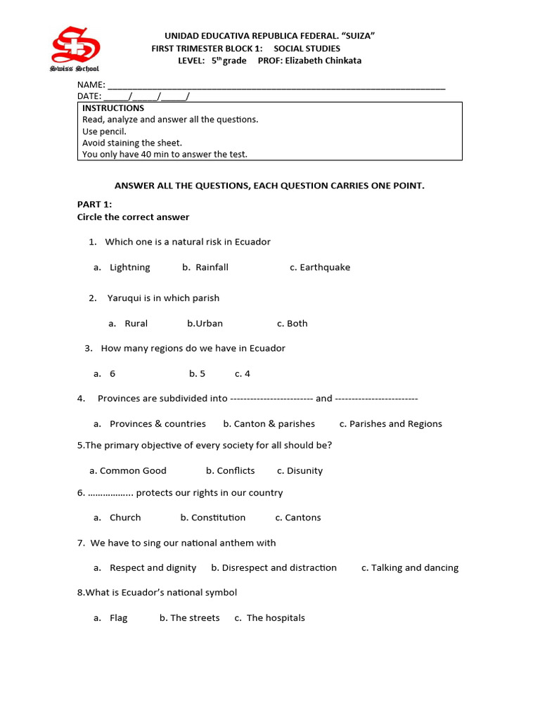 FIRST TRIMESTER BLOCK 1 SOCIAL STUDIES (5th grade) | PDF