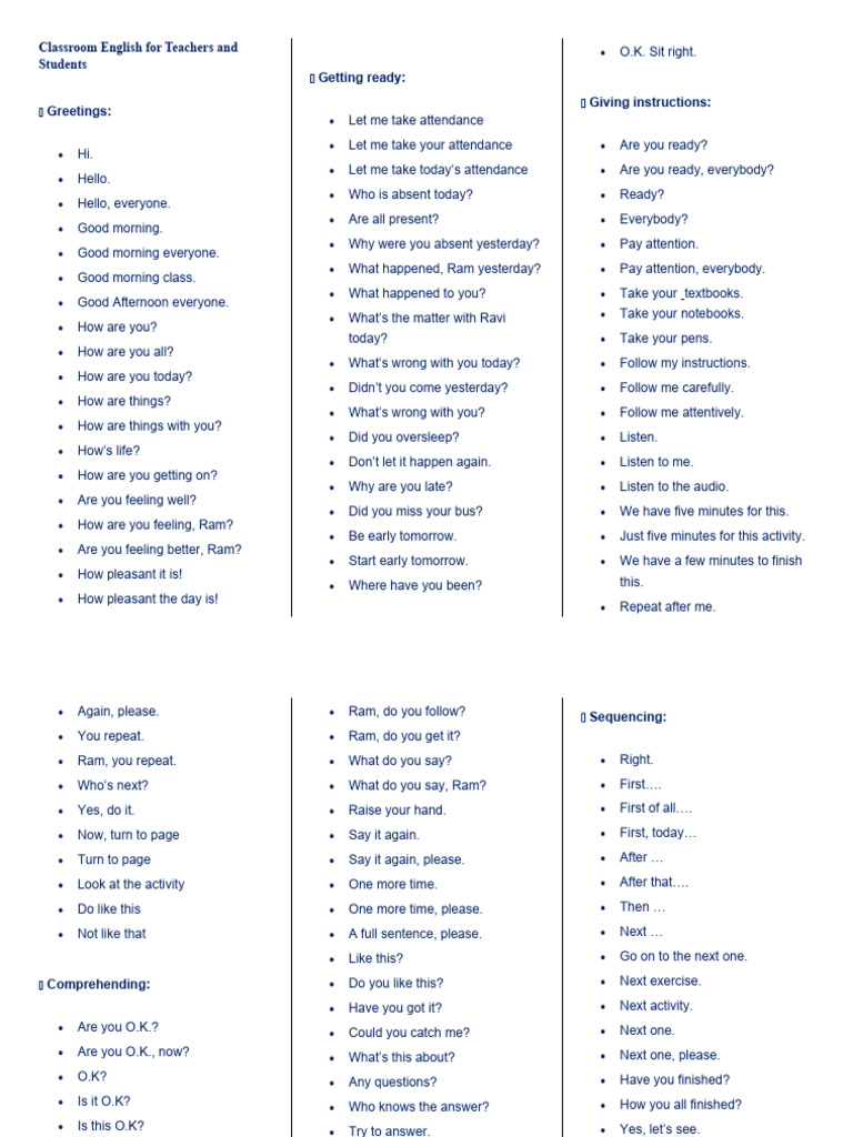 Classroom English Phrases for Teachers | PDF