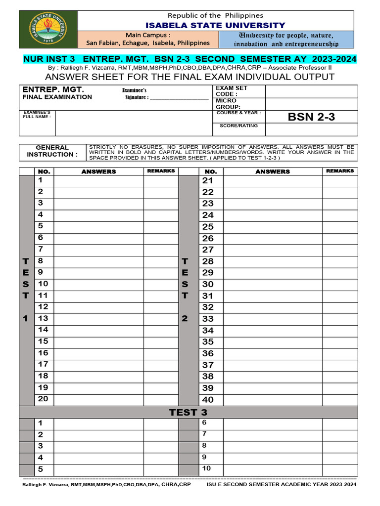 Answer Sheet Template BSN 2 3 Entrep MGT Final Exams Secsem 2023 2024 | PDF | Educational ...