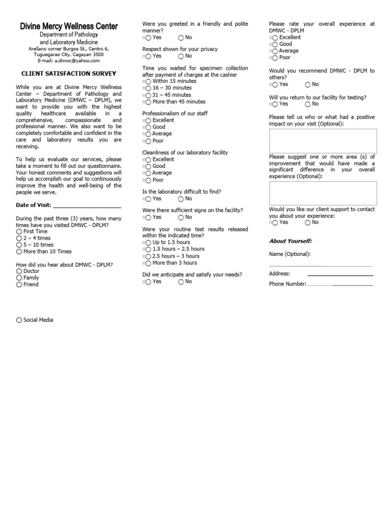 Client Satisfaction Survey | PDF | Medical Laboratory | Health Care