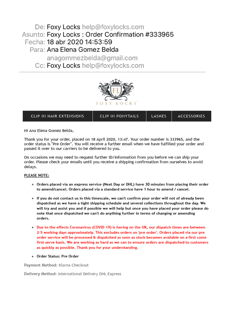 Foxy Locks Order Confirmation #333965 | PDF