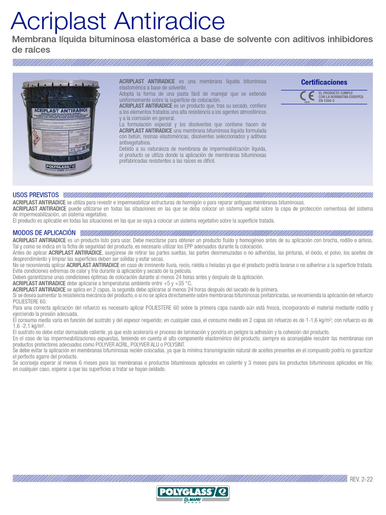 Acriplast Antiradice: Membrana Antirraíces | PDF | Solvente | Líquidos