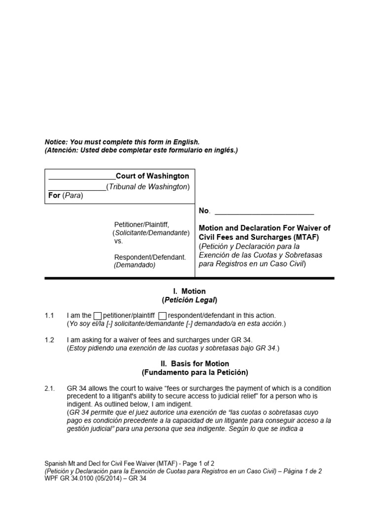 WPF GR 34 0100 MTN and Decl For Civil Fee Waiver - Spanish - 2019 07 ...